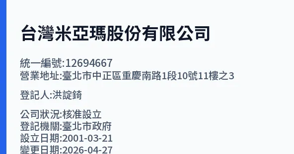 台灣米亞瑪股份有限公司的照片-統編 12694667(臺北市) 公司登記資料與營業項目詳細圖表