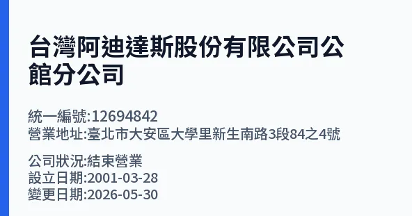 台灣阿迪達斯股份有限公司公館分公司的照片-統編 12694842(臺北市) 公司登記資料與營業項目詳細圖表