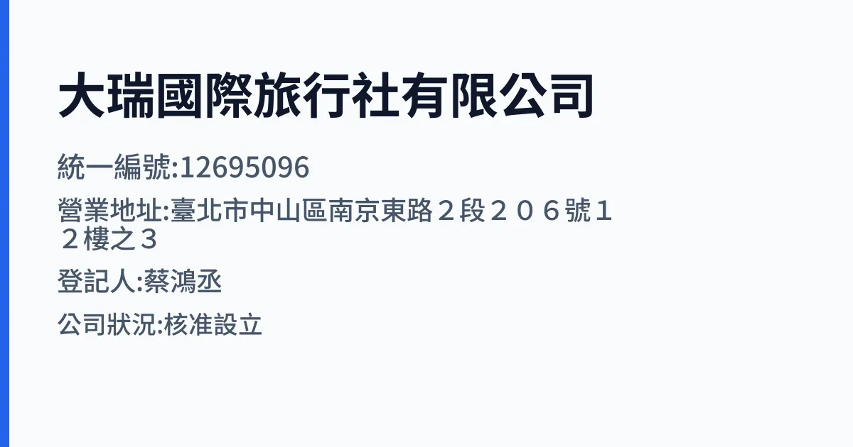 大瑞國際旅行社有限公司 - 統編 12695096(臺北市) 公司登記資料與營業項目詳細圖表