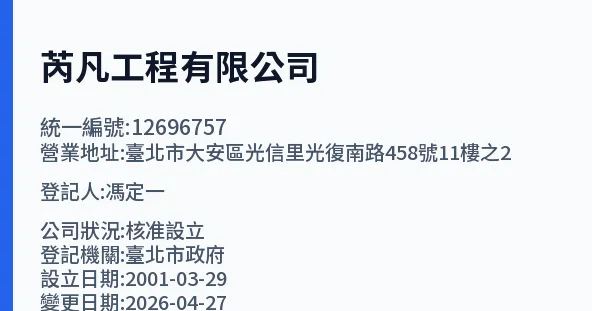 芮凡工程有限公司的照片-統編 12696757(臺北市) 公司登記資料與營業項目詳細圖表