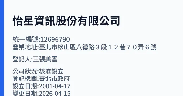 怡星資訊股份有限公司的照片-統編 12696790(臺北市) 公司登記資料與營業項目詳細圖表