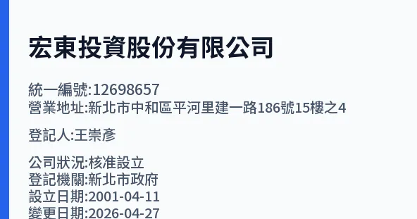 宏東投資股份有限公司的照片-統編 12698657(新北市) 公司登記資料與營業項目詳細圖表