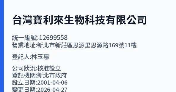 台灣寶利來生物科技有限公司的照片-統編 12699558(新北市) 公司登記資料與營業項目詳細圖表