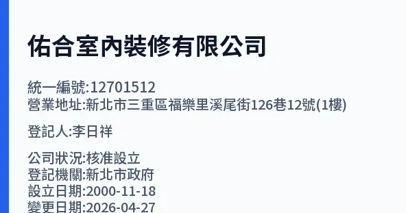 佑合室內裝修有限公司的照片-統編 12701512(新北市) 公司登記資料與營業項目詳細圖表