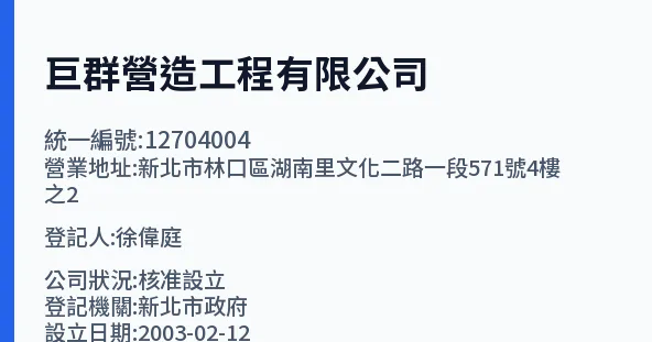 巨群營造工程有限公司的照片-統編 12704004(新北市) 公司登記資料與營業項目詳細圖表