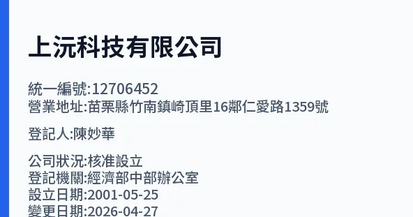 上沅科技有限公司的照片-統編 12706452(苗栗縣) 公司登記資料與營業項目詳細圖表