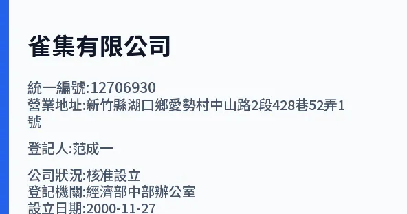 雀集有限公司的照片-統編 12706930(新竹縣) 公司登記資料與營業項目詳細圖表