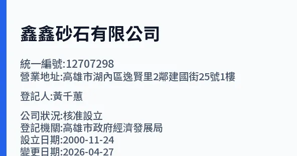 鑫鑫砂石有限公司的照片-統編 12707298(高雄市) 公司登記資料與營業項目詳細圖表