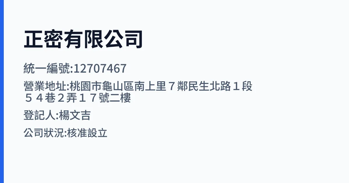 正密有限公司 - 統編 12707467(桃園市) 公司登記資料與營業項目詳細圖表
