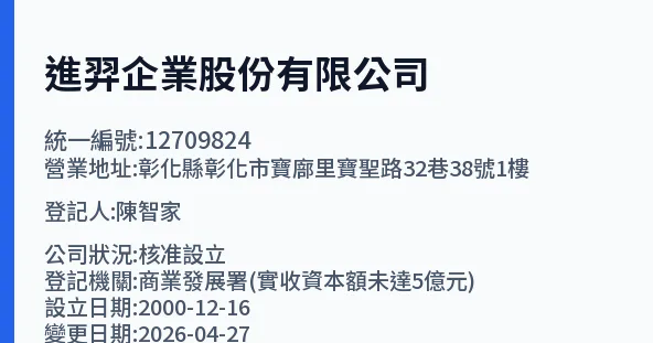 進羿企業股份有限公司的照片-統編 12709824(彰化縣) 公司登記資料與營業項目詳細圖表
