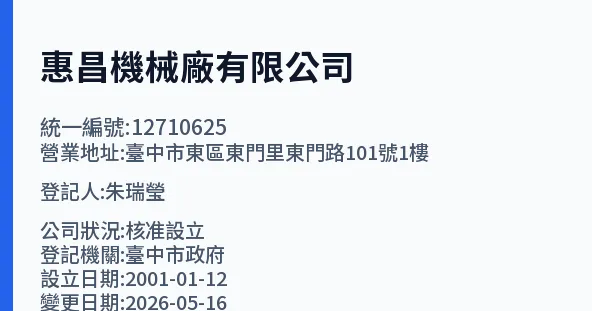 惠昌機械廠有限公司的照片-統編 12710625(臺中市) 公司登記資料與營業項目詳細圖表