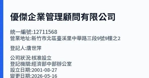 優傑企業管理顧問有限公司的照片-統編 12711568(新竹市) 公司登記資料與營業項目詳細圖表