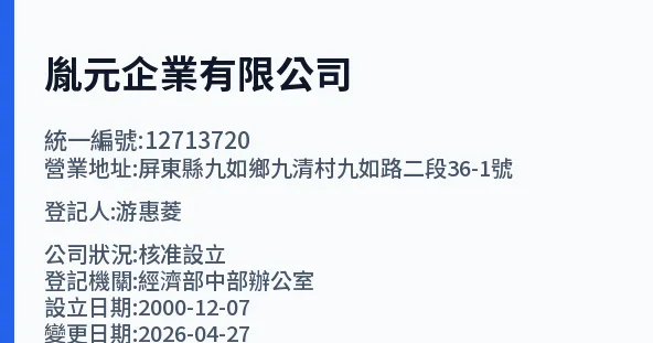 胤元企業有限公司的照片-統編 12713720(屏東縣) 公司登記資料與營業項目詳細圖表