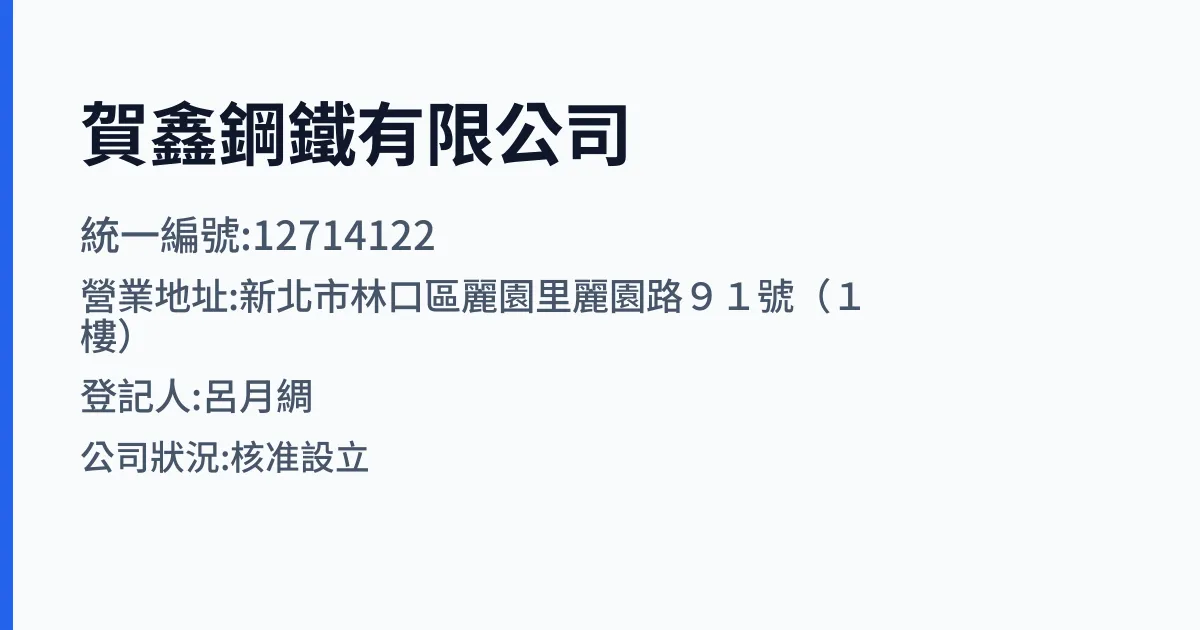 賀鑫鋼鐵有限公司 - 統編 12714122(新北市) 公司登記資料與營業項目詳細圖表
