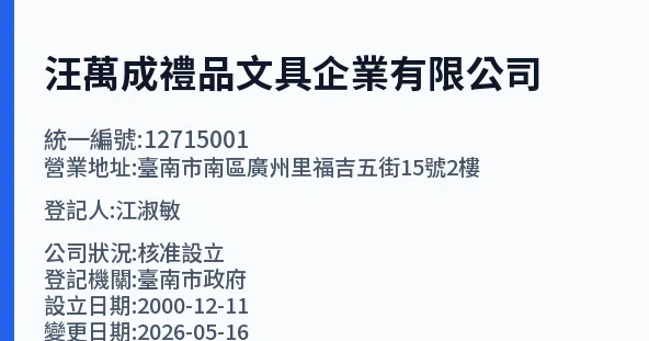 汪萬成禮品文具企業有限公司的照片-統編 12715001(臺南市) 公司登記資料與營業項目詳細圖表