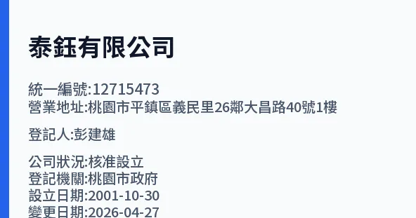 泰鈺有限公司的照片-統編 12715473(桃園市) 公司登記資料與營業項目詳細圖表