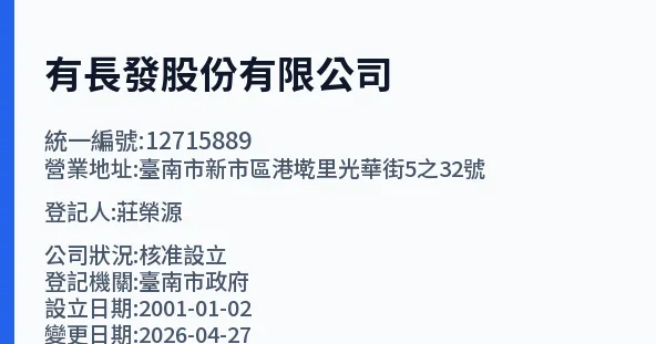 有長發股份有限公司的照片-統編 12715889(臺南市) 公司登記資料與營業項目詳細圖表