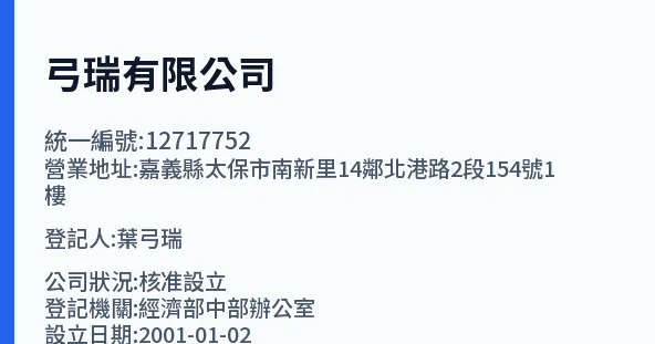 弓瑞有限公司的照片-統編 12717752(嘉義縣) 公司登記資料與營業項目詳細圖表