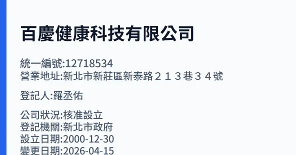 百慶健康科技有限公司的照片-統編 12718534(新北市) 公司登記資料與營業項目詳細圖表