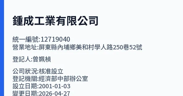 鍾成工業有限公司的照片-統編 12719040(屏東縣) 公司登記資料與營業項目詳細圖表