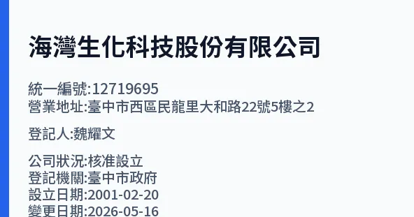 海灣生化科技股份有限公司的照片-統編 12719695(臺中市) 公司登記資料與營業項目詳細圖表