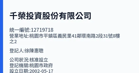 千榮投資股份有限公司的照片-統編 12719718(桃園市) 公司登記資料與營業項目詳細圖表