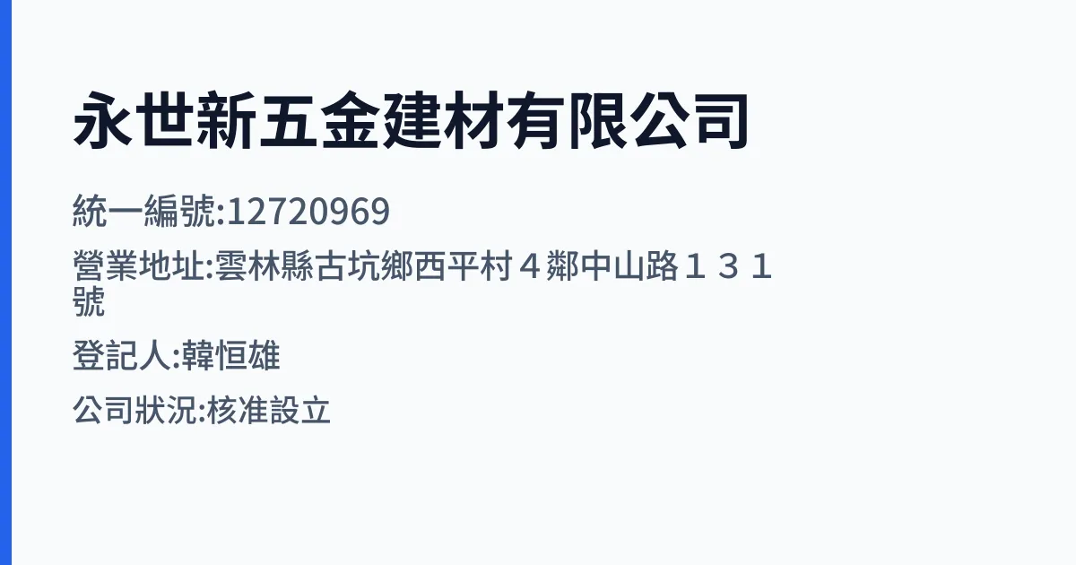 永世新五金建材有限公司 - 統編 12720969(雲林縣) 公司登記資料與營業項目詳細圖表