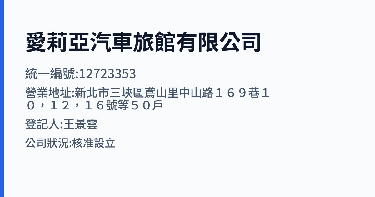 愛莉亞汽車旅館有限公司 - 統編 12723353(新北市) 公司登記資料與營業項目詳細圖表