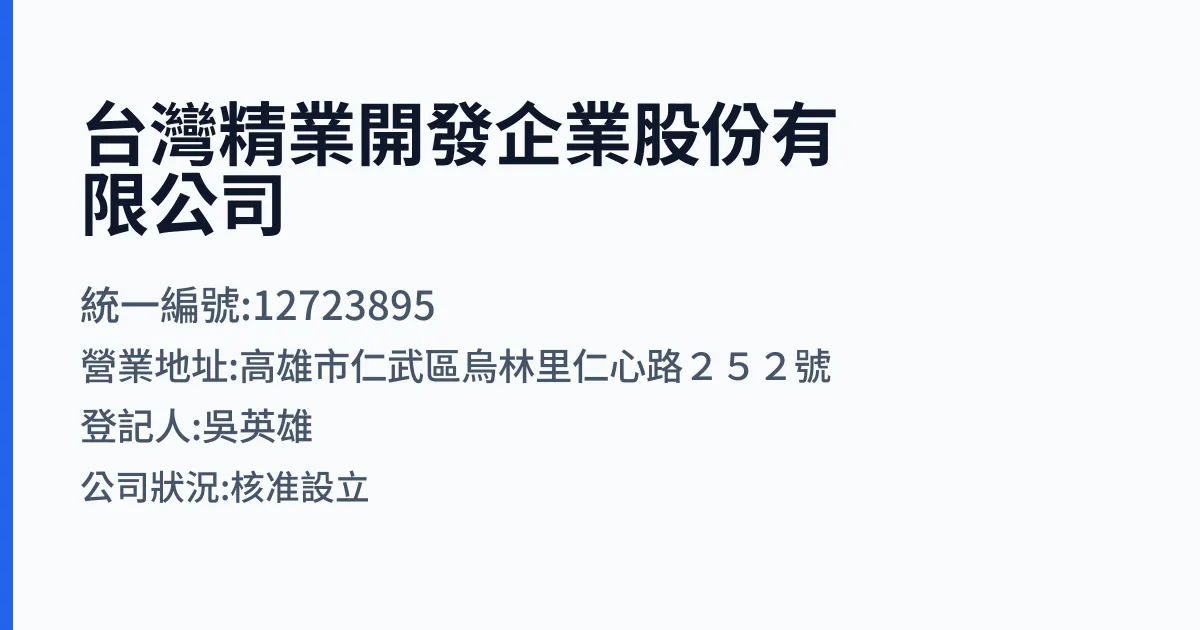 台灣精業開發企業股份有限公司 - 統編 12723895(高雄市) 公司登記資料與營業項目詳細圖表