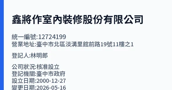 鑫將作室內裝修股份有限公司的照片-統編 12724199(臺中市) 公司登記資料與營業項目詳細圖表