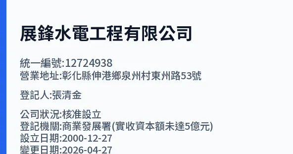 展鋒水電工程有限公司的照片-統編 12724938(彰化縣) 公司登記資料與營業項目詳細圖表