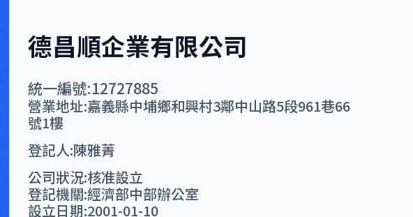 德昌順企業有限公司的照片-統編 12727885(嘉義縣) 公司登記資料與營業項目詳細圖表