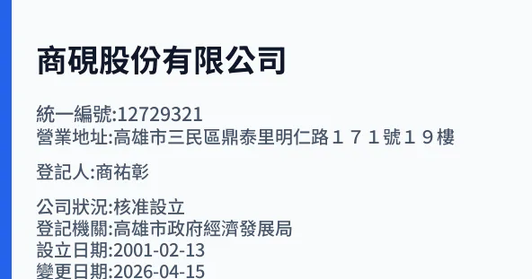 商硯股份有限公司的照片-統編 12729321(高雄市) 公司登記資料與營業項目詳細圖表