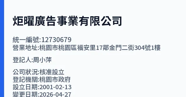 炬曜廣告事業有限公司的照片-統編 12730679(桃園市) 公司登記資料與營業項目詳細圖表