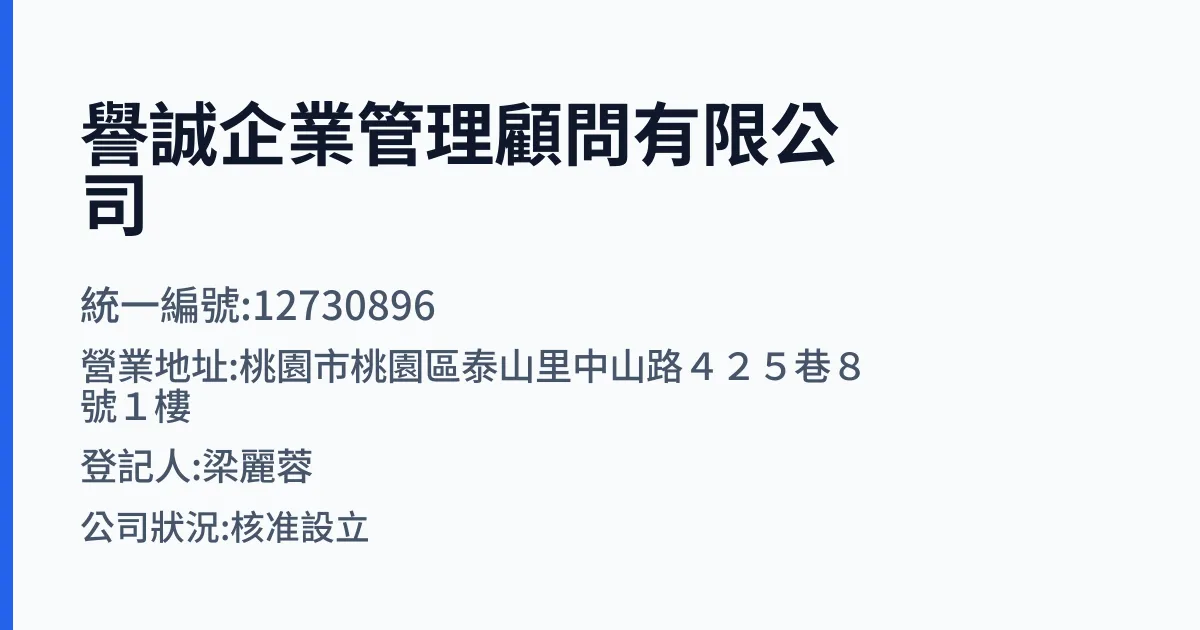 譽誠企業管理顧問有限公司 - 統編 12730896(桃園市) 公司登記資料與營業項目詳細圖表