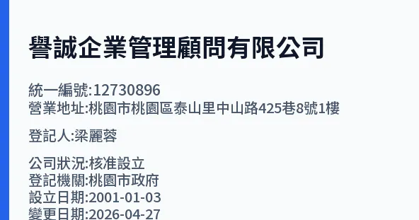 譽誠企業管理顧問有限公司的照片-統編 12730896(桃園市) 公司登記資料與營業項目詳細圖表