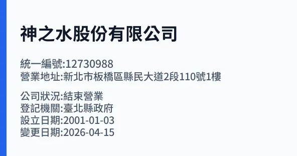 神之水股份有限公司的照片-統編 12730988(新北市) 公司登記資料與營業項目詳細圖表