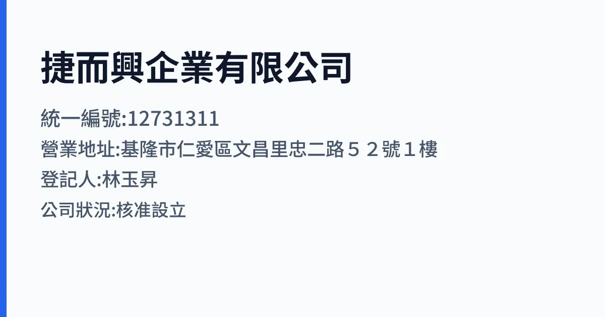 捷而興企業有限公司 - 統編 12731311(基隆市) 公司登記資料與營業項目詳細圖表