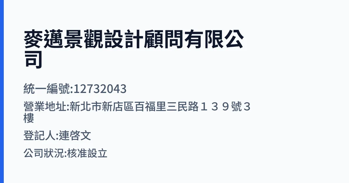 麥邁景觀設計顧問有限公司 - 統編 12732043(新北市) 公司登記資料與營業項目詳細圖表
