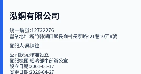 泓鋼有限公司的照片-統編 12732276(新竹縣) 公司登記資料與營業項目詳細圖表