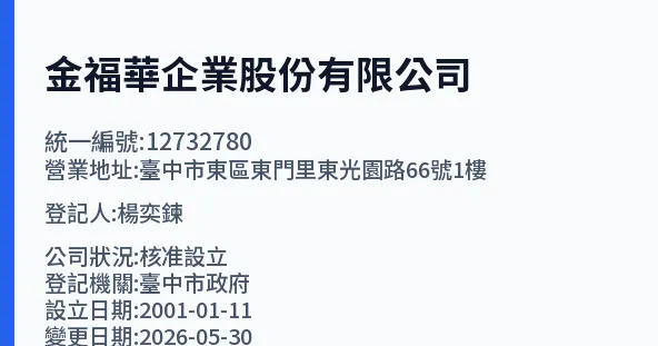 金福華企業股份有限公司的照片-統編 12732780(臺中市) 公司登記資料與營業項目詳細圖表