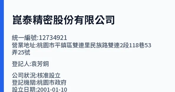 崑泰精密股份有限公司的照片-統編 12734921(桃園市) 公司登記資料與營業項目詳細圖表