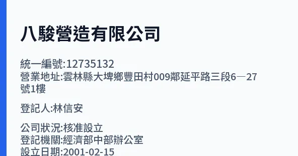 八駿營造有限公司的照片-統編 12735132(雲林縣) 公司登記資料與營業項目詳細圖表