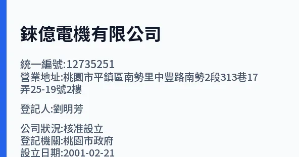 錸億電機有限公司的照片-統編 12735251(桃園市) 公司登記資料與營業項目詳細圖表