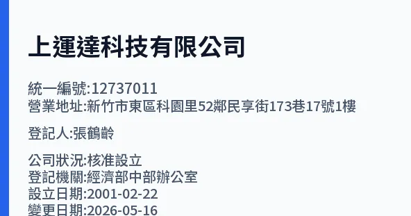 上運達科技有限公司的照片-統編 12737011(新竹市) 公司登記資料與營業項目詳細圖表