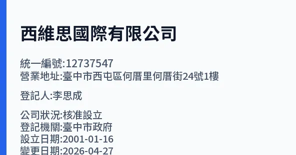 西維思國際有限公司的照片-統編 12737547(臺中市) 公司登記資料與營業項目詳細圖表