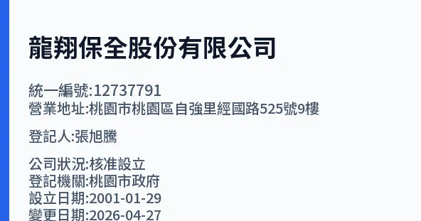 龍翔保全股份有限公司的照片-統編 12737791(桃園市) 公司登記資料與營業項目詳細圖表