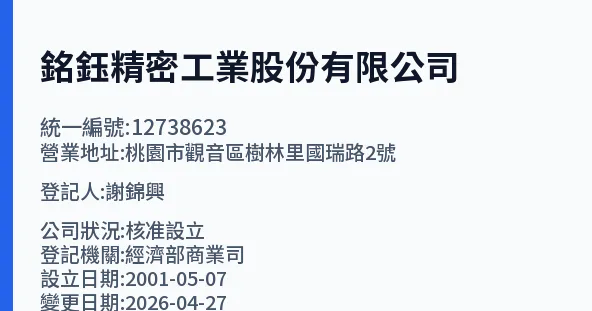 銘鈺精密工業股份有限公司的照片-統編 12738623(桃園市) 公司登記資料與營業項目詳細圖表