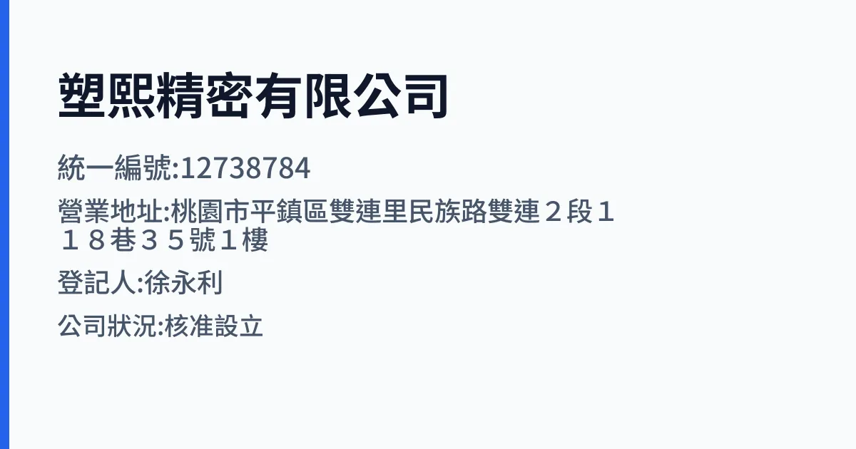 塑熙精密有限公司 - 統編 12738784(桃園市) 公司登記資料與營業項目詳細圖表