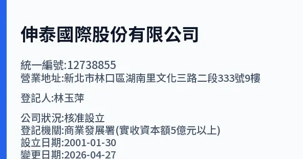 伸泰國際股份有限公司的照片-統編 12738855(新北市) 公司登記資料與營業項目詳細圖表
